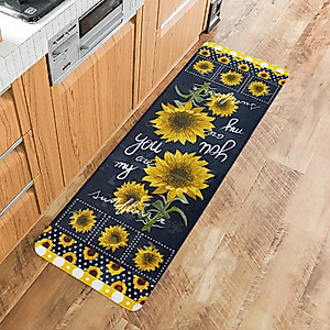 Sunflower Kitchen Rugs and Mats Set of 2 Area Runner Farm Floral Floor Bath Rugs Comfort Soft Standing Doormat Non Slip Carpet Black and Yellow