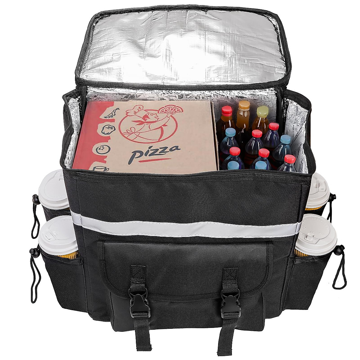 Acshio Food Delivery Backpack, Insulated Reusable Pizza Delivery Bag with 4 Cup Holder, Waterproof Thermal Catering Bags Reflective Strip for Delivery Bike, Hot Cold Food, Camping