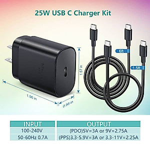 Excgood Super Fast Type C Charger Kit 25W USB C Charger with 2 Type C to C Cable (6ft+1.5ft) Compatible with Samsung Galaxy S23/S22 Ultra/S21 FE 5G/S20,Note 10+/20,A71/A53/A23,Z Flip4 Z Fold4, Tab S8+