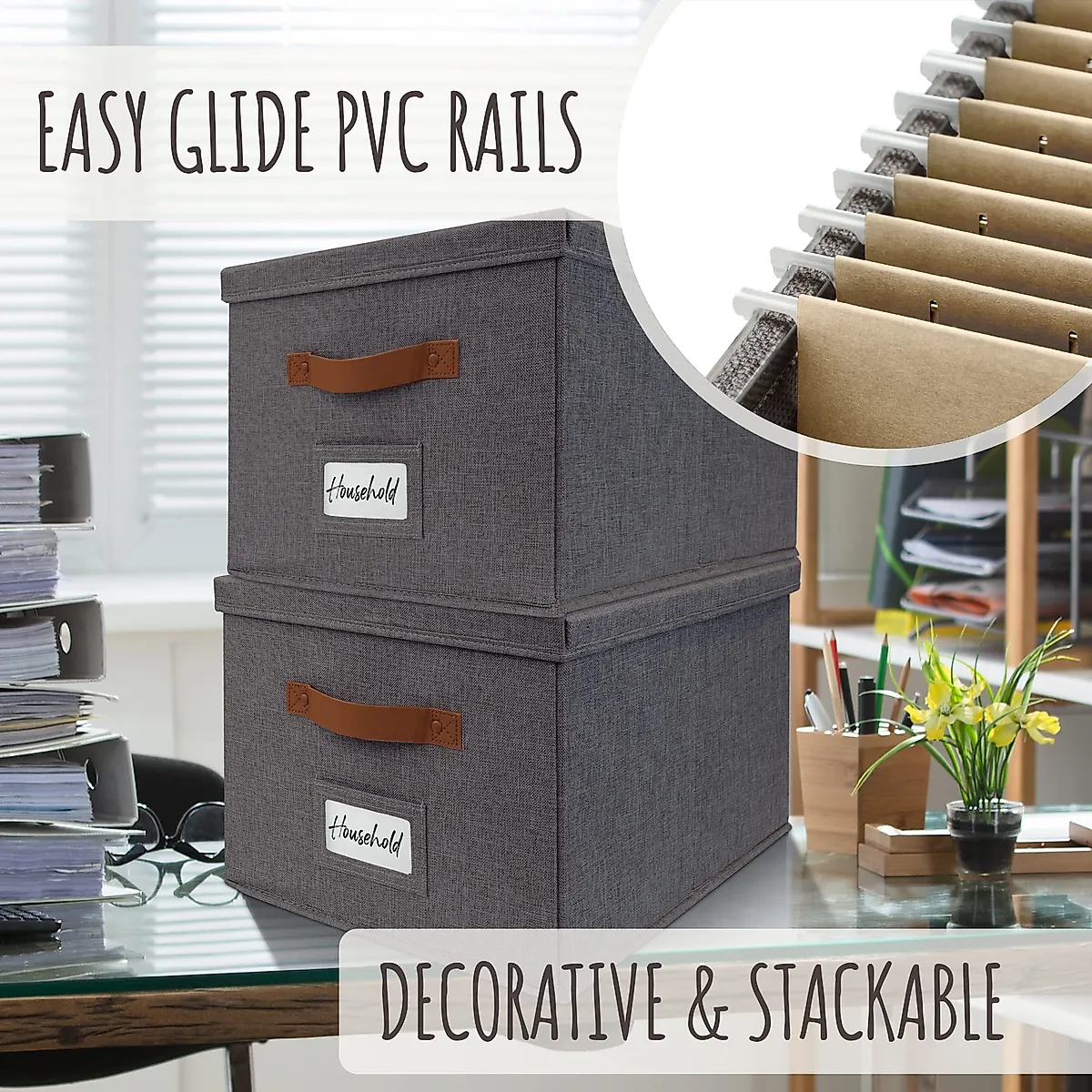ZICOTO Decorative File Organizer Box Set of 2 - Collapsible Linen Filing Cabinets w/Handles Are Perfect to Store all Your Documents & Hanging File Folders - Portable Easy Slide Crates with Lid
