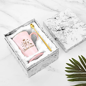 YHRJWN - 50th Birthday Gifts for Women, Fifty and Fabulous Mug, 50th Birthday Gift Ideas for Women Turning 50, Happy 50th Birthday Gifts for Mom Sister Coworker, Pink 14 Oz with Spoon, Coaster, Box