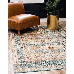 Unique Loom Rosso Collection Vintage, Traditional, Bohemian, Border, Distressed, Southwestern Area Rug, 5' 0" x 8' 0", Blue/Ivory