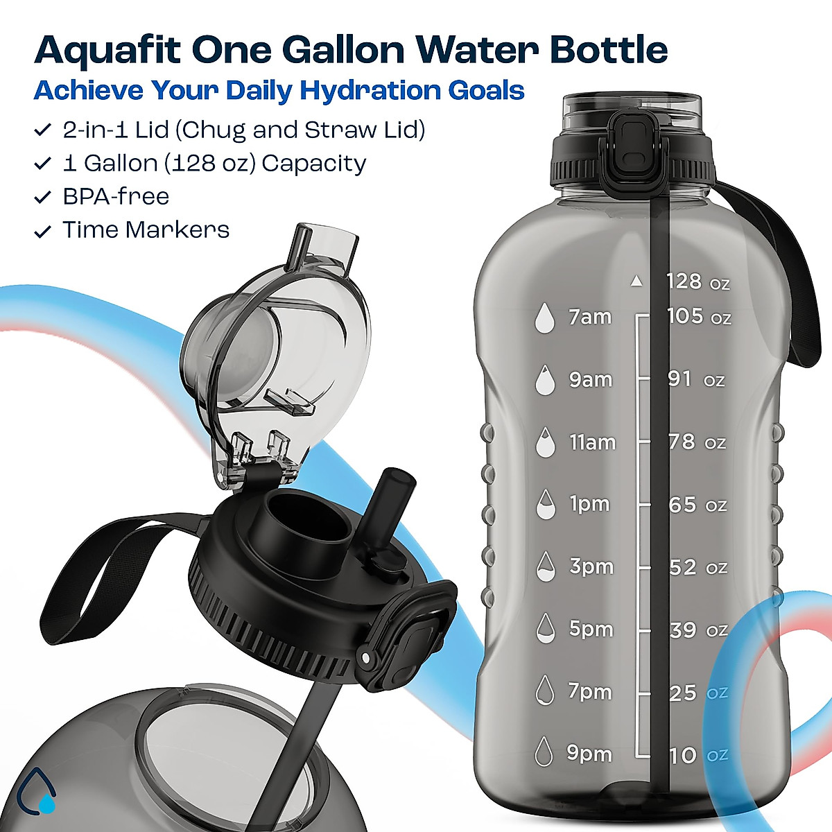 AQUAFIT 128 oz Water Bottle with Time Marker - 2in1 Straw & Chug Lid - BPA Free Big Water Bottle with Straw - Gym Water Bottle with Strap - Water Jug (128 Ounces, Gray)