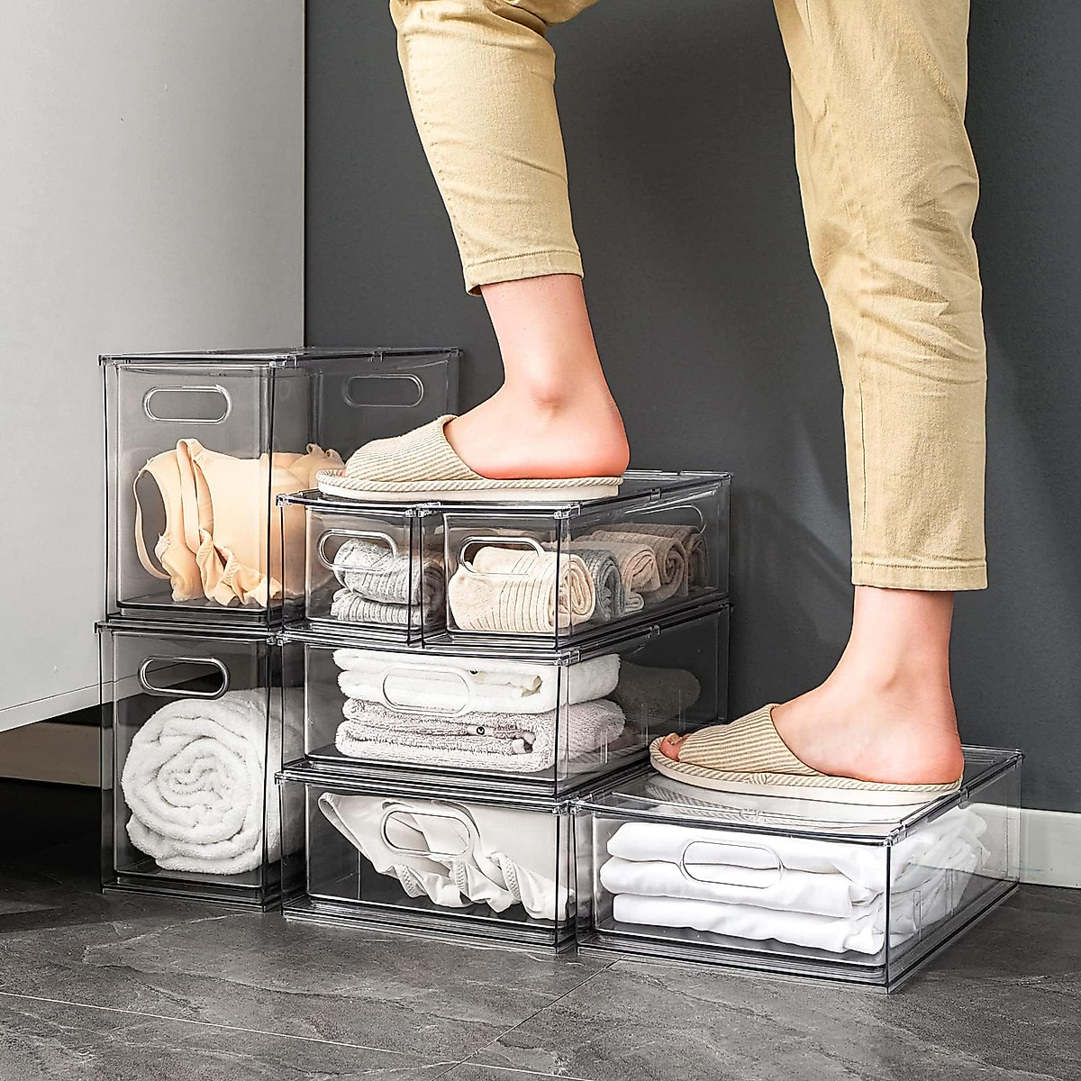 Mano Stackable Drawers Fridge Organizer Bins with Pull-out Double Handle, Clear Drawer Food Container Set Divided Refrigerator Storage Box Plastic Produce Saver for Pantry, Kitchen, Cabinet