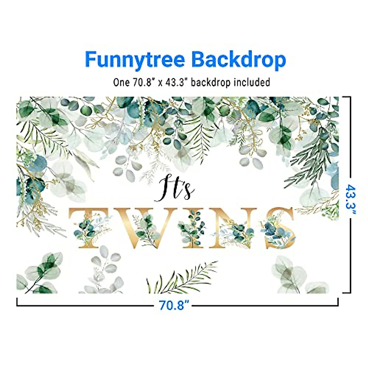 Funnytree 82" x 59" It's Twins Baby Shower Backdrop for Party Green Forest Leaves Birthday Photography Background Cake Table Decoration Banner Supplies Photo Booth Props