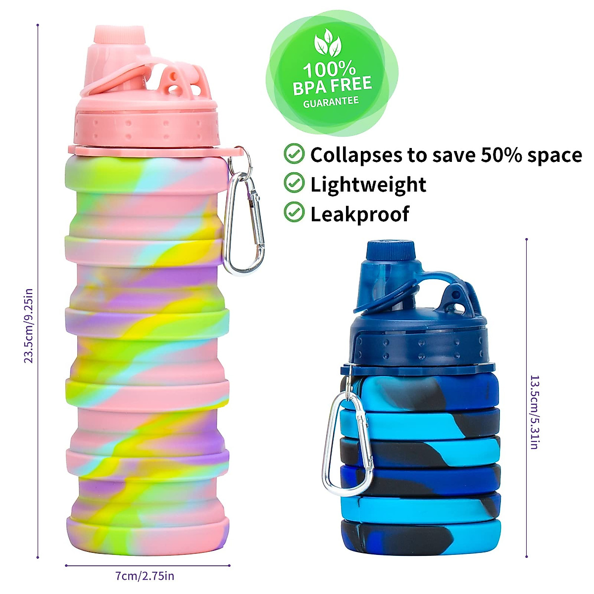 Collapsible Water Bottles, 2 Pack 16oz Silicone Travel Water Bottle Leakproof BPA Free Foldable Sport Water Bottles with Leak proof Twist Cap for Camping,Hiking Outdoor Indoor Sport