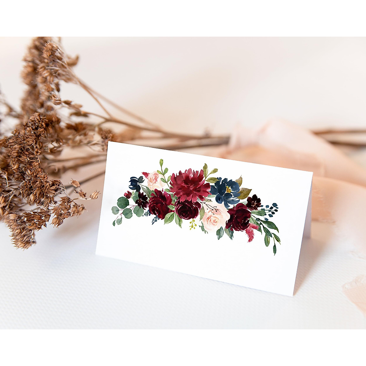 Indigo Floral Table Place Cards (25 Pack) Buffet Signs for Bridal Shower, Baby Shower, Wedding Seating, Any Event – Fold Over Favor Tag - Folded Tented Blank Card – Rustic Country Party Supplies