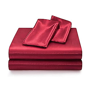 Thmyo Satin Bed Sheet Set,Extra Soft Deep Pocket Silky Satin Sheet Set with 1 Fitted Sheet +1 Flat Sheet + 2 Pillow Cases (4-Piece Wine red, Queen)