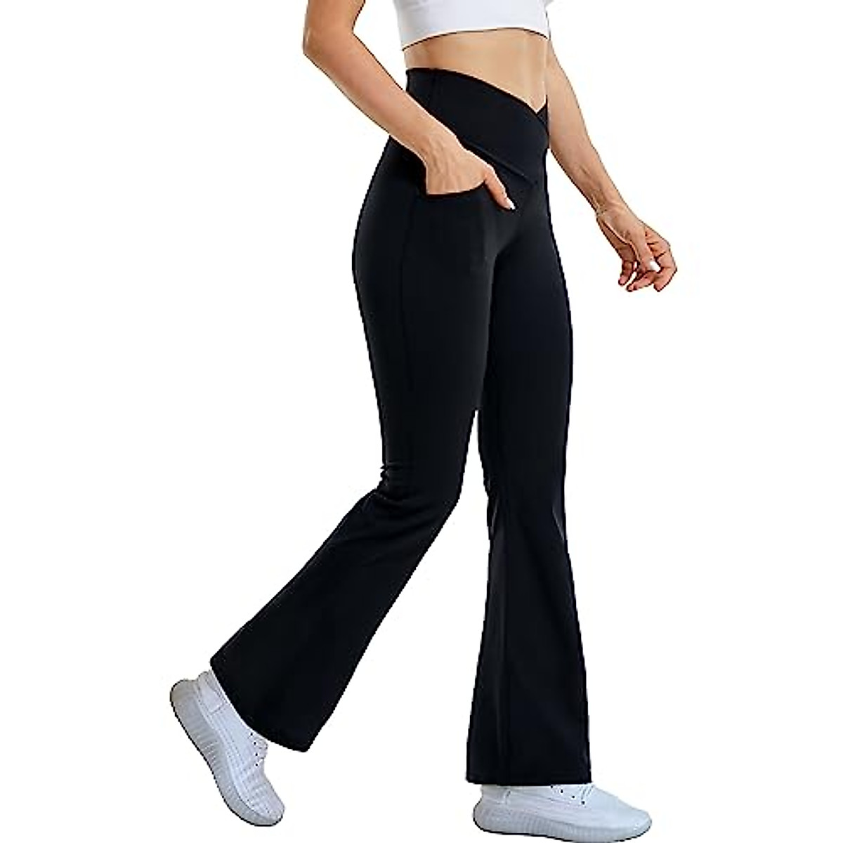 Cicendy Flare Yoga Pants with Pockets for Women,High Waisted V Crossover Bootcut Yoga Leggings Stretchy Casual Workout Pants Black