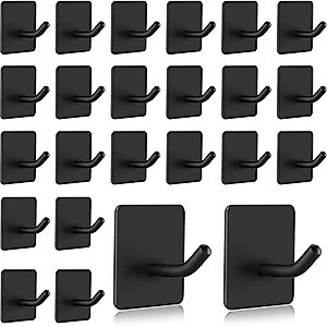 24 Pcs Self Adhesive Towel Hooks Bulk Stick on Wall Hooks Waterproof Stainless Steel Kitchen Towel Holder Heavy Duty Sticky Hangers for Hanging Bathroom Home Door Coat Robe Clothes Key (Black Color)