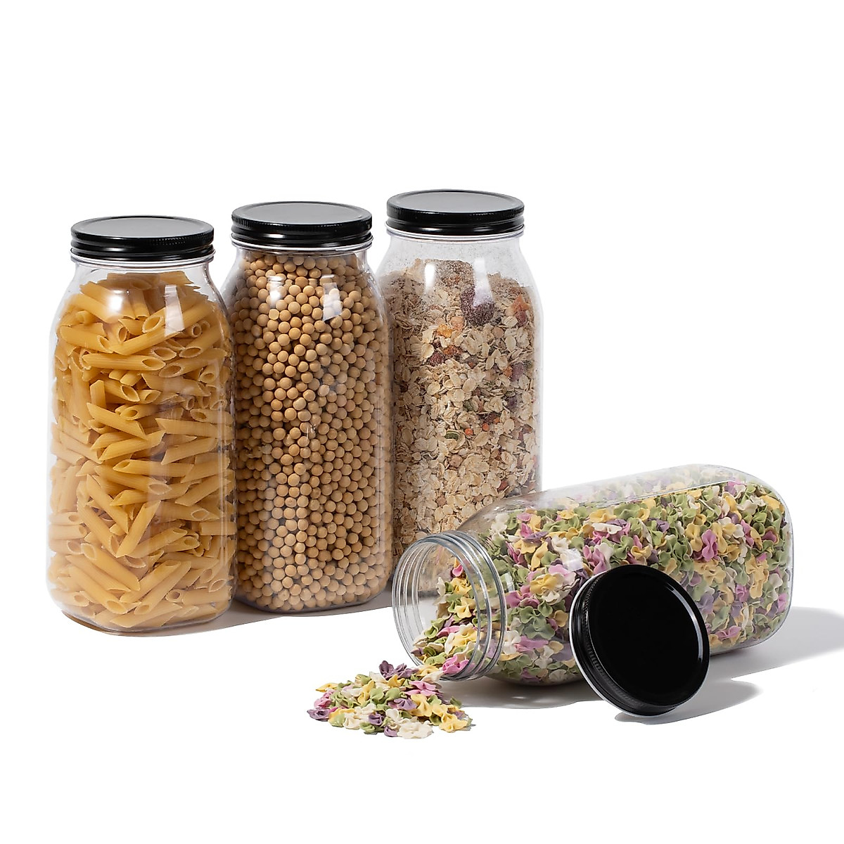 novelinks 4 Pack 64 OZ Plastic Wide Mouth Mason Jars with Airtight Lids - Wide Mouth Half Gallon Large Mason Jar 64 OZ Storage Canning Jar for Kitchen & Household Storage (Black)