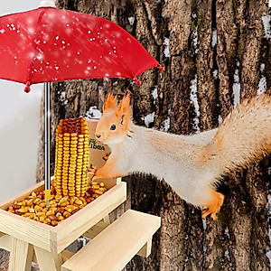 MIXXIDEA Squirrel Feeder Table with Umbrella, Wooden Squirrel Picnic Table Feeder, Durable Squirrel Feeder Corn Cob Holder, with Solid Structure and 2 x Thick Benches(Squirrel Feeder table-1pk)