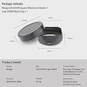 Haoge LH-S245N Bayonet Square Metal Lens Hood for Sony FE 50mm F2.5 G FE 40mm F2.5 G FE 24mm F2.8 G Lens Shade with Cap