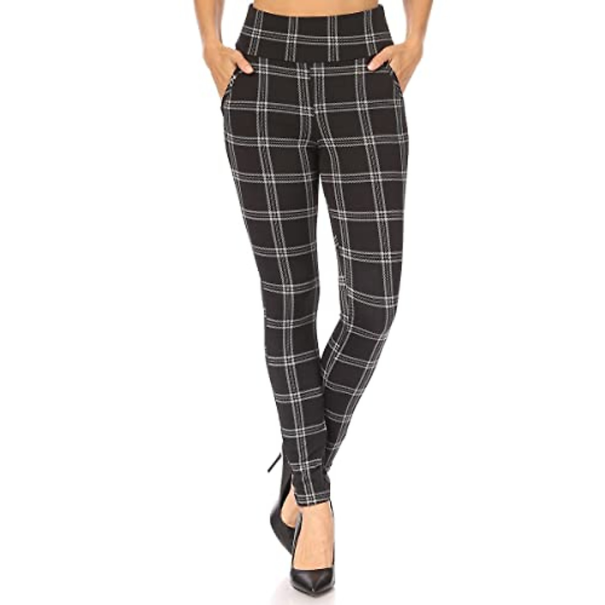 ShoSho Womens High Waist Skinny Pants Tummy Control Butt Lifting Pull On Stretch Trousers with Pockets Plaid Print Black/White Small