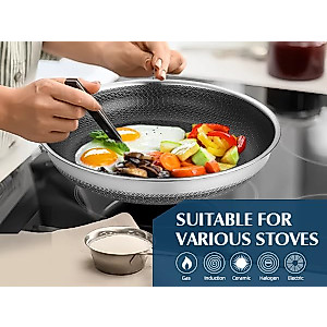 Dingerkit Frying Pans Nonstick, 11” Hybrid Stainless Steel Non Stick Frying Pans for Kitchen and Camping - Nonstick Cookware - Dishwasher and Oven Safe Skillet for Induction Gas Ceramic.