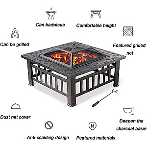 32Inch Outdoor Fire Pit Table, Wood Burning Firepit with Waterproof Cover,Spark Screen and Grill, Metal Square Firepits Grill and Grate for Garden,Patio,Yard and Camping
