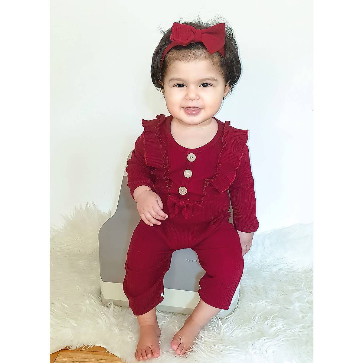 nilikastta Baby Girls Clothes Newborn Infant Ruffle Long Sleeve Romper Jumpsuit(Wine Red2,0-3M)