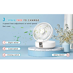 Folding Fan for Bedroom with Reomte, Folding Desk Fan with HD Digital Display, Oscillating Fan with Night Light, Portable Wall Mount Fan 3 Speeds, Quiet Office Fan 120° Rotate USB Rechargeable