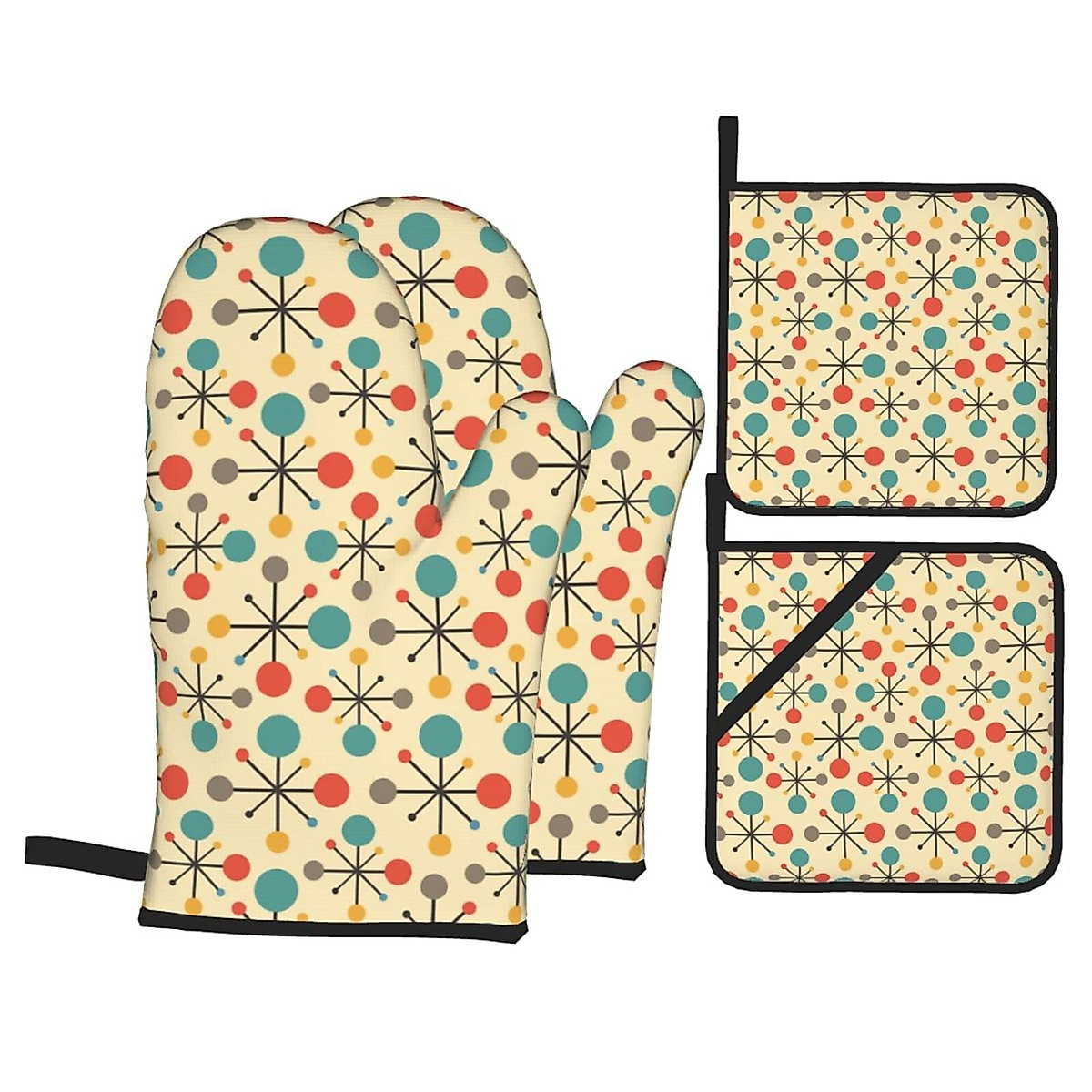 Retro Mid Century Fifties Modern Atomic Oven Mitts and Pot Holders Heat Resistant 4 Pcs Sets Waterproof Non-Slip for BBQ Cooking Baking Grilling
