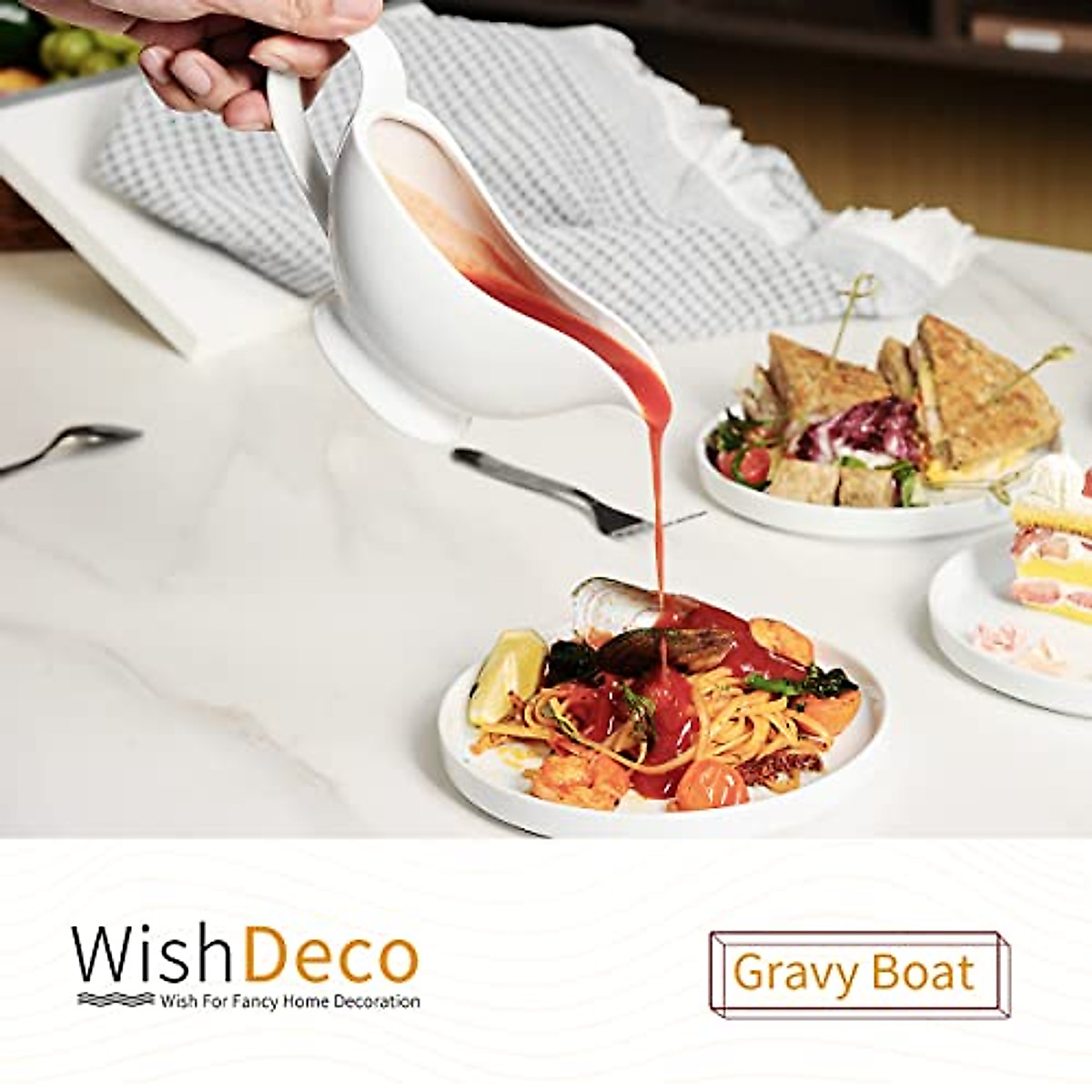 WishDeco White Gravy Boat, 8oz Ceramic Gravy Jug, Small Sauce Jug with Smooth Handle, Porcelain Sauce Boat for Salad Dressing, Broth, Cream, Milk