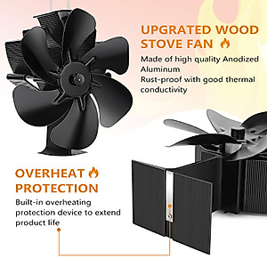 Hanaoyo Wood Stove Fan, 6 Blades Wood Stove Fan Heat Powered, Fireplace Fan with Magnetic Thermometer, Wood Stove Accessories, Non Electric Fan for Wood/Log Burner Stove