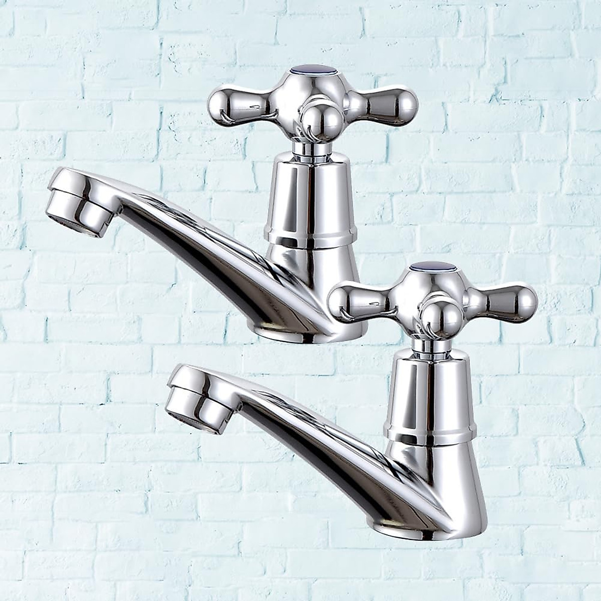 DOITOOL 2 Pcs Basin Taps Mixers Bathroom Sink Tap Basin Mixer Tap Single Lever Basin Faucet Cross Handle Cold Water Sink Basin Taps for Bathroom Kitchen ((Blue Drop Model)