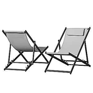 Patiorama Outdoor Folding Beach Sling Chairs Set of 2, Aluminum Patio Lounge Chair, Portable Beach Chairs, Adjustable Reclining Chairs w/Cushioned Headrest for Pool, Dark Grey Frame & Grey Mesh
