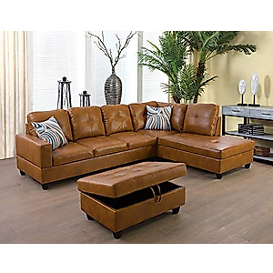 A Ainehome L-Shape Sectional Sofa Set, Ginger, Right Hand Facing, Tufted Leather, Storage Ottoman, Toss Pillows