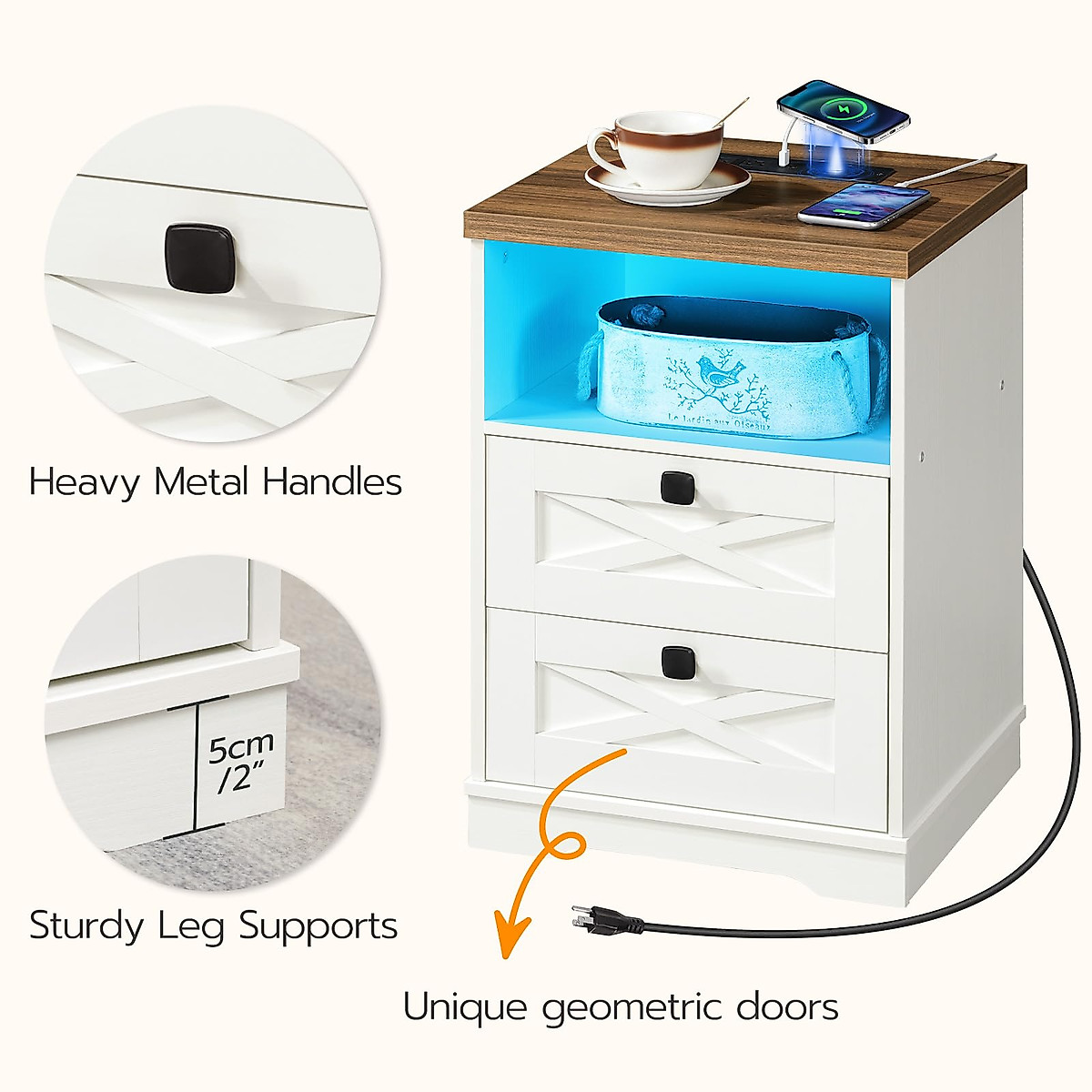 HOOBRO Nightstand with Wireless Charging Station and LED Lights, Farmhouse End Table with 2 Drawers and Open Shelf, Smart LED Side Table with Wireless and USB for Bedroom, Antique White WH140UDBZ01