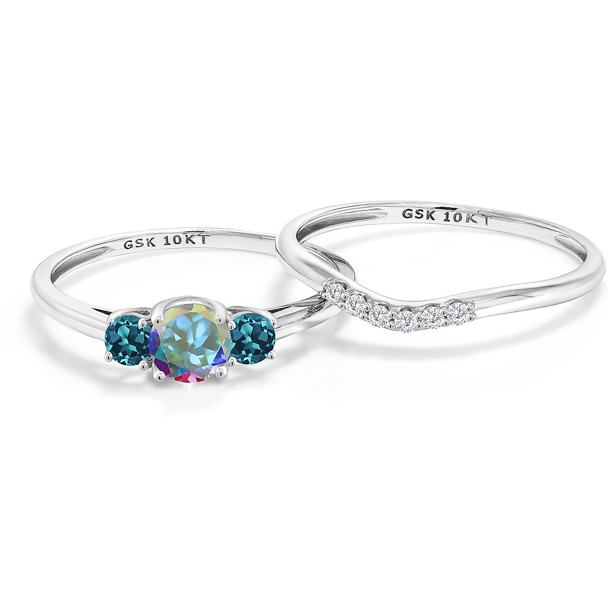 10K White Gold Mercury Mist Mystic Topaz and London Blue Topaz and White Lab Grown Diamond 3-Stone Bridal Engagement Wedding Ring Set For Women (0.88 Cttw, November Birthstone, Round 5MM, Size 9)