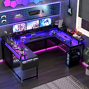 Jojoka U Shaped Computer Gaming Desk, Reversible L Shaped Desk with Power Outlets, LED Strip & Monitor Stand, Large Corner Desk with Storage Shelves for Home Office, Black