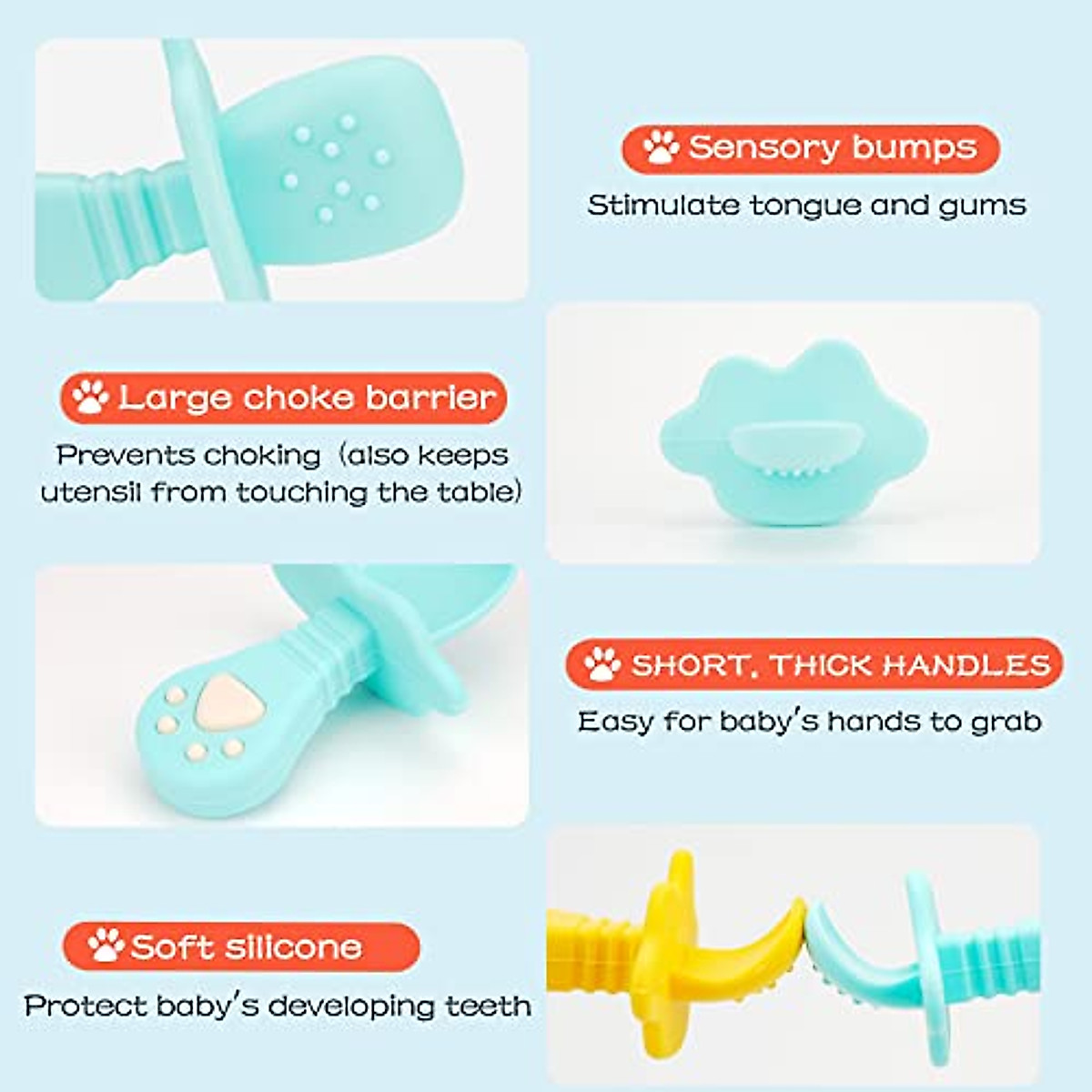 4Pcs Silicone Baby Spoons, Baby Feeding Spoons with Anti Choke Barrier,Baby Self Feeding Training Cute Utensils Set