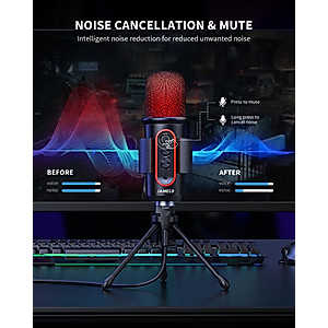 JAMELO Gaming Microphone, USB Computer Condenser Mic for PC/Laptop/Phone/PS4/5, RGB, Headphone Output, Volume Control,Plug and Play, Mute Button, for Streaming, Podcast, Studio Recording