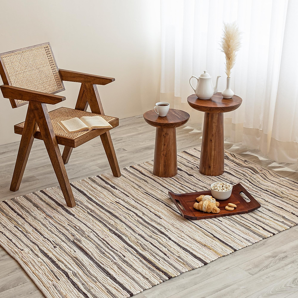 HOMEMONDE Beige Chindi Rug 4'x6' Recycled Soft Cotton Rag Rug Hand Crafted Reversible Farmhouse Style Boho Home Decor for Bedroom, Living Room, Kitchen, Entyrway