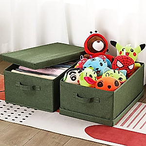 HOONEX Storage Bins with Lids for Organizing, Pack of 2, Storage Boxes with 2 Carrying Handles and Study Heavy Cardboard, 16.5" L x 11.8" W x 7.5" H for Toy, Shoes, Books, Clothes, Nursery, Olive