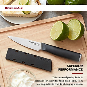 KitchenAid Classic Serrated Paring Knife with Custom-Fit Blade Cover, 3.5-inch, Sharp Kitchen Knife, High-Carbon Japanese Stainless Steel Blade, Black