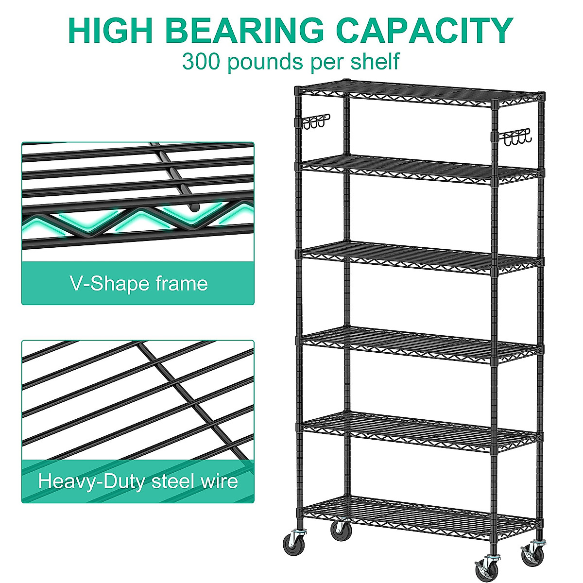 Folews 6-Tier Wire Shelving Unit with Wheels, Metal Storage Shelves Adjustable Layer Storage Rack Organizer Steel Utility Rolling Shelf for Home Kitchen Garage Pantry, Black(14D x 36W x 75H)