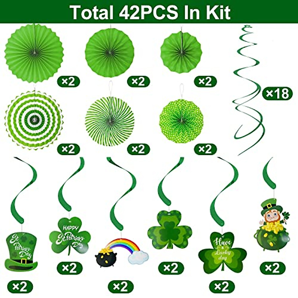 TURNMEON 42 Pack St. Patrick's Day Party Decorations Green Paper Fans Hanging Ceiling Foil Swirls Lucky Shamrocks Clover Leprechaun Cutout St.Patrick's Day Decorations Indoor Home Irish Party Supplies