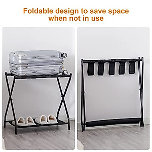 Heybly Luggage Rack,Pack of 2,Steel Folding Suitcase Stand with Storage Shelf for Guest Room Bedroom Hotel,Black,HLR003B2