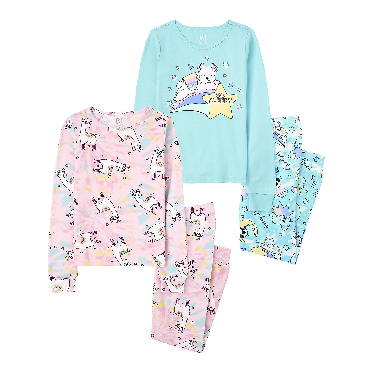 The Children's Place Girls' Long Sleeve Top and Pants Snug Fit 100% Cotton 2 Piece Pajama Sets 2-Pack, So Sleepy/Llama 2 Pack, 8