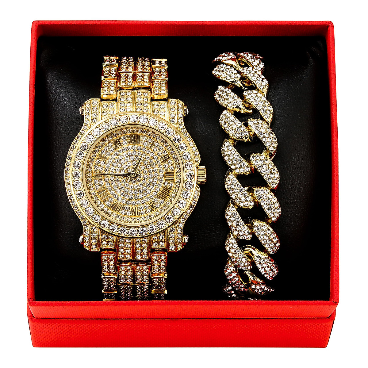 Techno Pave Men's 45mm Iced Out Roman Dial Watch with Bracelet Set - Gold Dial with Big Cuban Bracelet