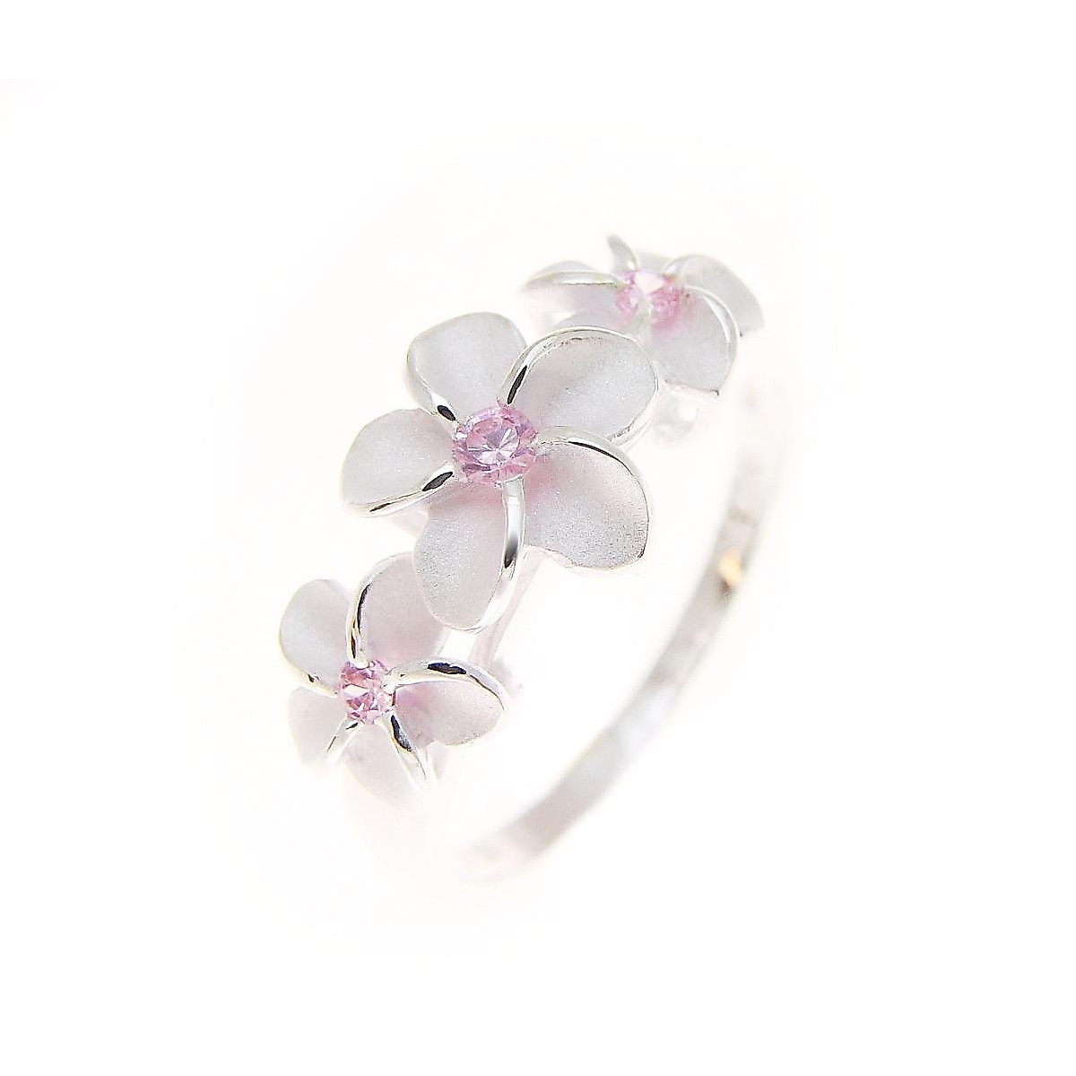 Arthur's Jewelry Sterling silver 925 3 Hawaiian plumeria flower ring pink cz size 10