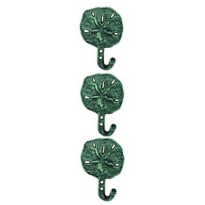 Sand Dollar Shell Wall Hooks Hangers Cast Iron Antique Green Verdigris - Set of 3