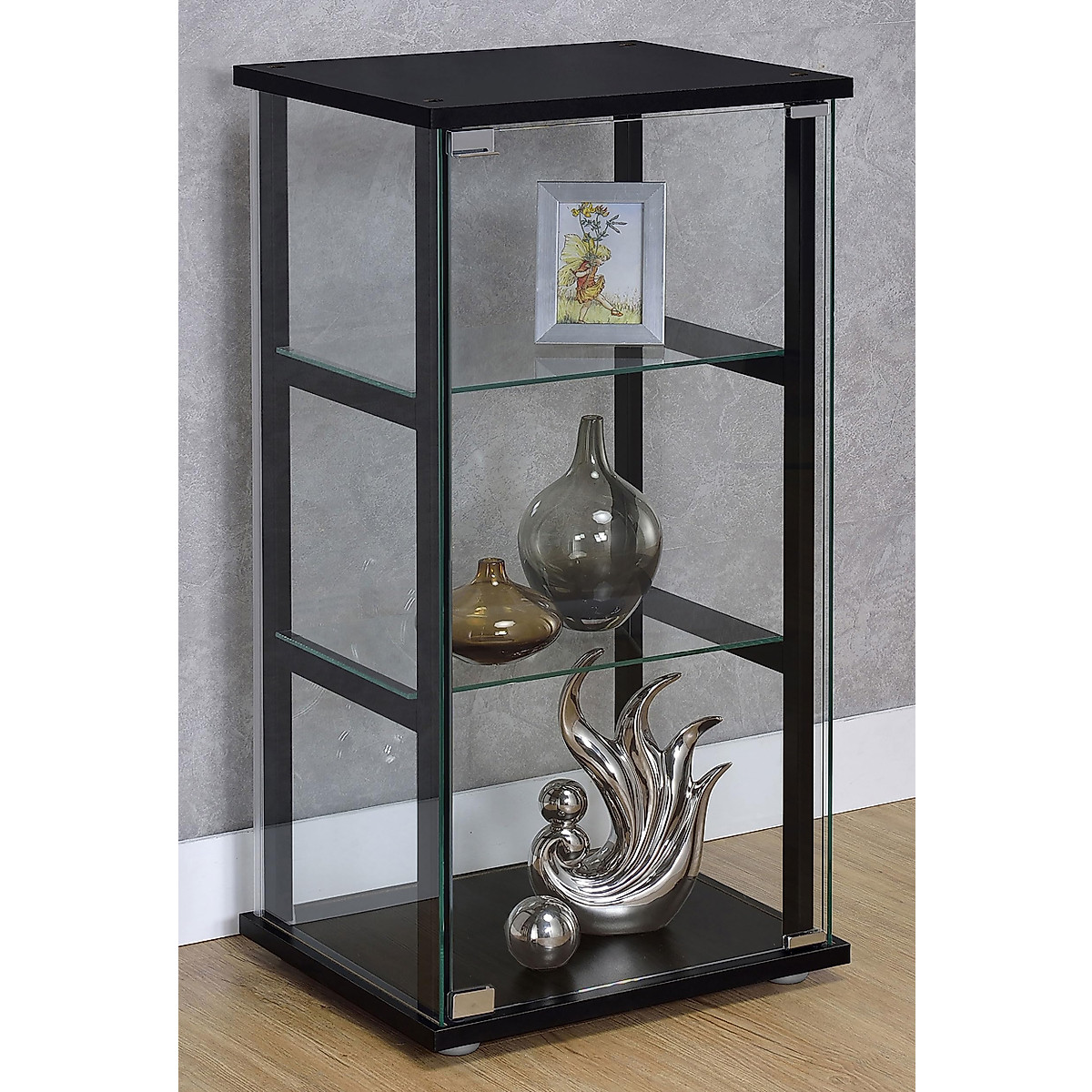 Coaster Home Furnishings Cyclamen 34-inch 3-Tier Clear Tempered Glass Curio Cabinet Display Case with Shelving Black 950179