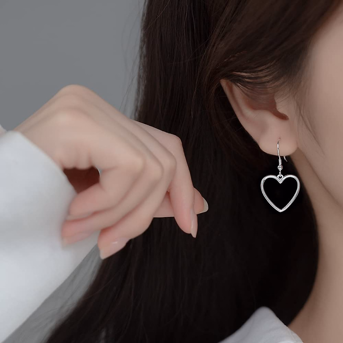 Dainty Minimalist Hollow Heart Love Small S925 Sterling Silver Plated Dangle Drop Earrings for Women Teen Girls Sensitive Ear Cute Heart Hook Dangling Hanging Hypoallergenic Wedding Fashion Jewelry