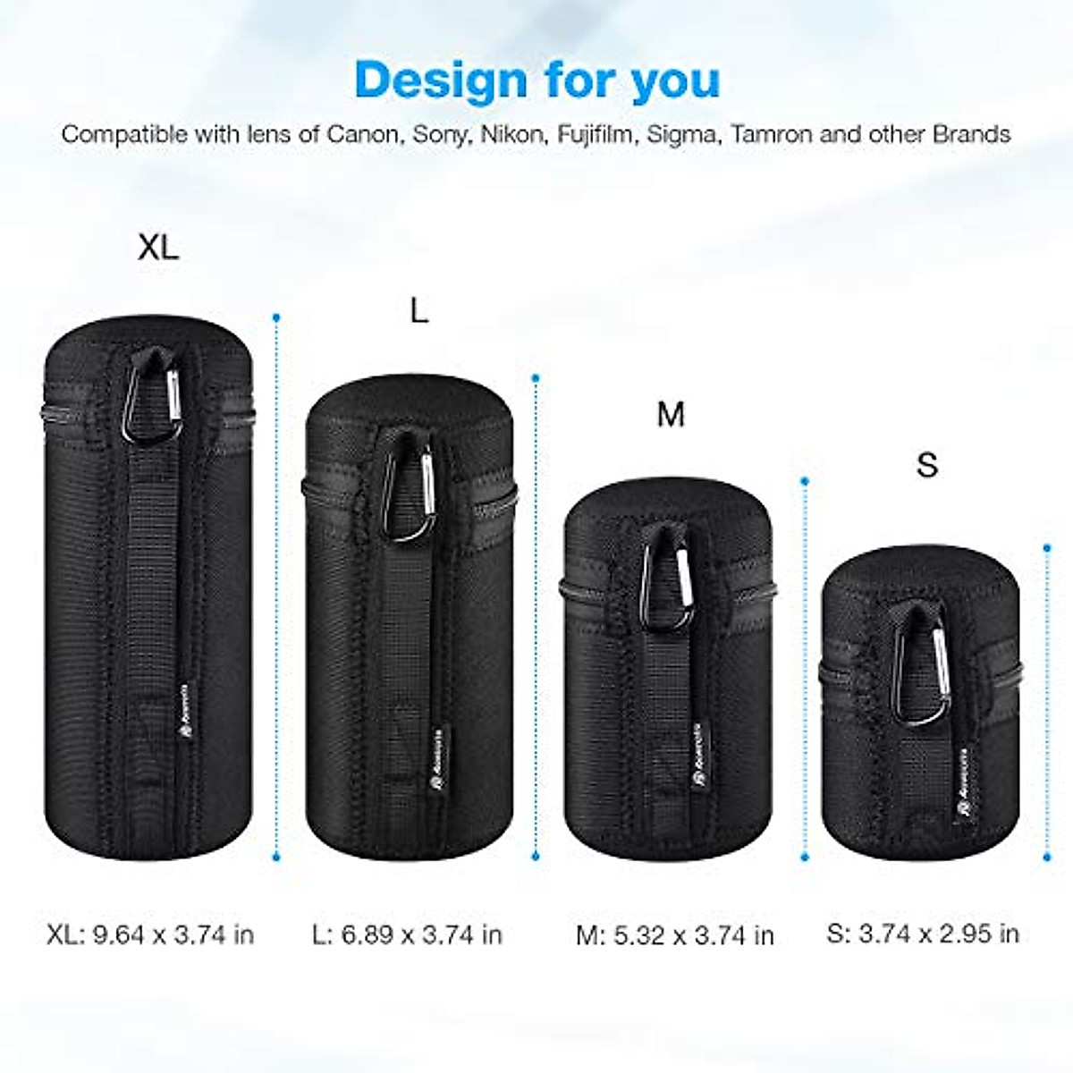 Powerextra 4x Zipper Lens Case Lens Pouch Bag with Thick Protective Neoprene for DSLR Camera Lens Fit for CA Nikon Sony Olympus Panasonic Includes Small Medium Large XL Size