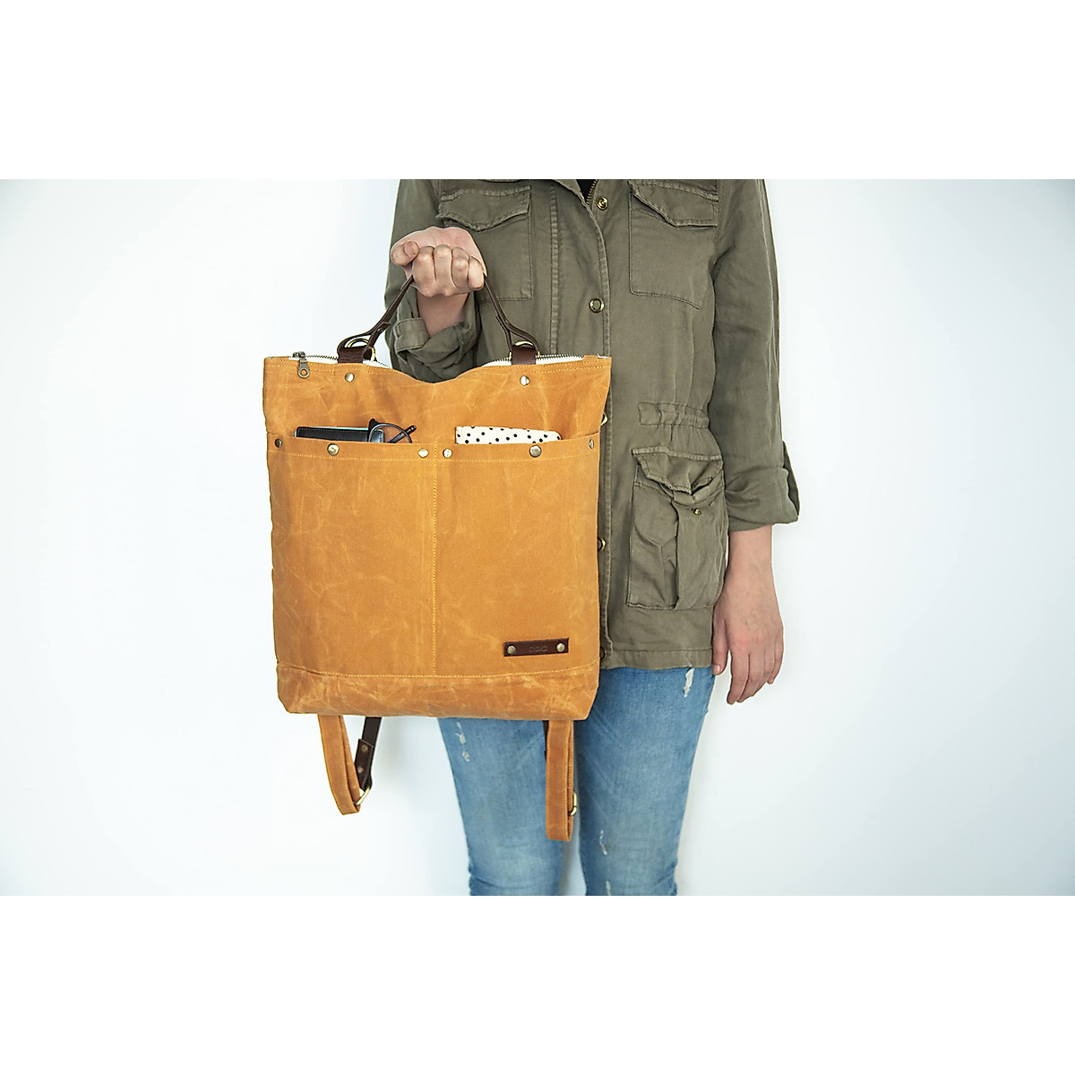 Small Convertible Totepack/Minimalist Slim Everyday Travel Daypack Women/ 14 Inch Laptop Backpack/ 8 Pocket College Bookbag/Waterproof Lining/Waxed Canvas & Leather/Urbanist (Pecan Brown)