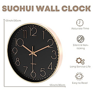 SUOHUI 12 Inch Silent Wall Clock Non-Ticking Modern Style Wall Clocks Battery Operated for Home/Bedroom/Office/Classroom/School/Living Room Decor(Golden Frame Black Dial)