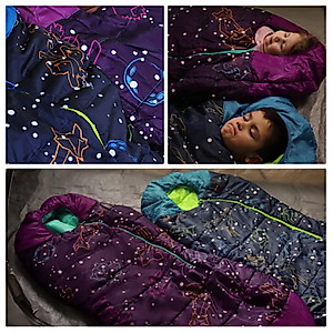 AceCamp Glow in The Dark Mummy Sleeping Bag for Kids and Youth, Temperature Rating 30°F/-1°C, Water-Resistant for Camping, Hiking, and Slumber Party (Blue, Kid's)