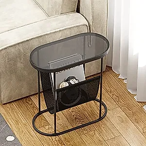 Yusong Tempered Glass End Table for Small Space, Narrow Oval Side Tables Living Room, Little Skinny Bedside Table Slim Nightstand with Magazine Holder for Bedroom, Black